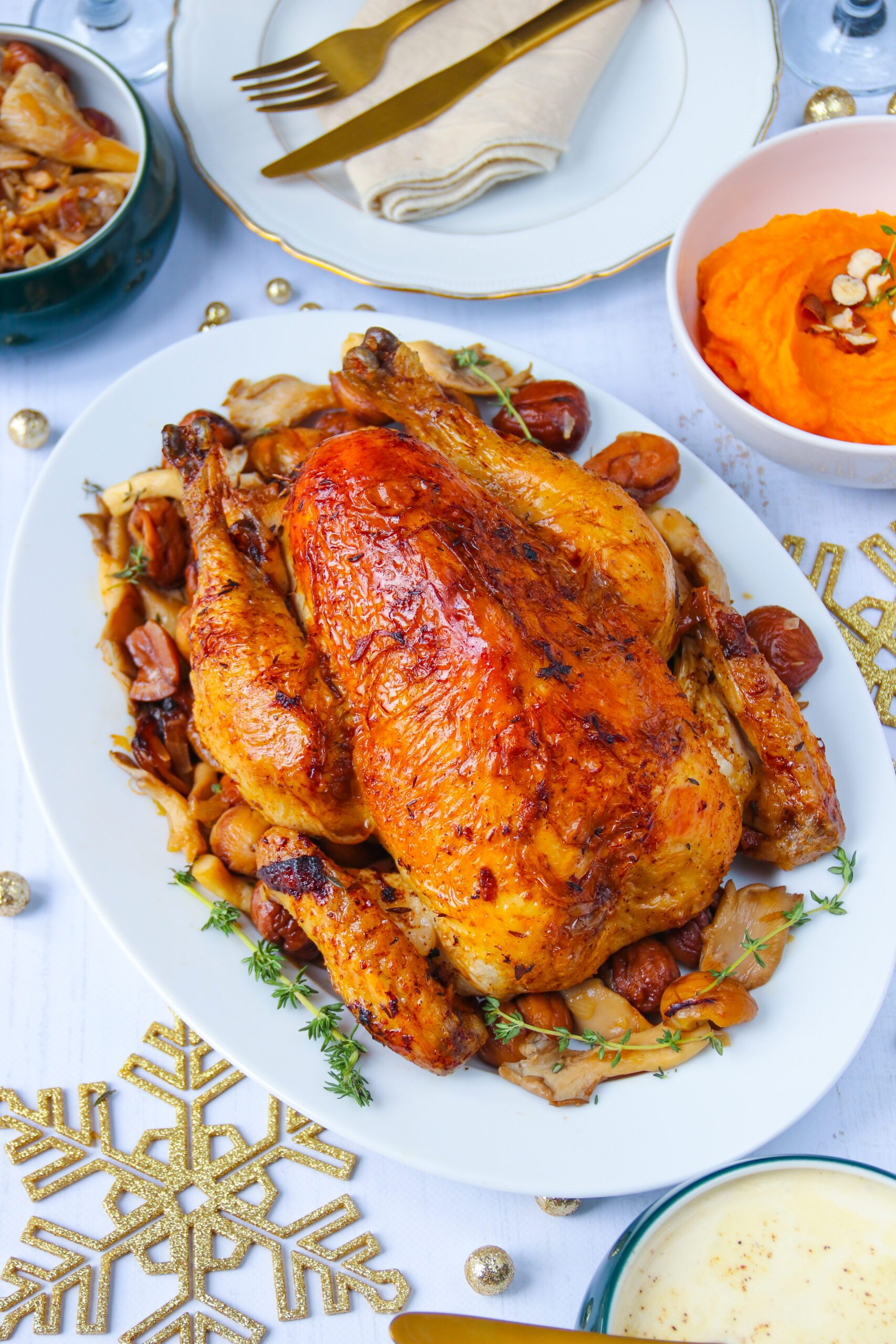 Chapon aux champignons, purée de potimarron et sauce champagne ...